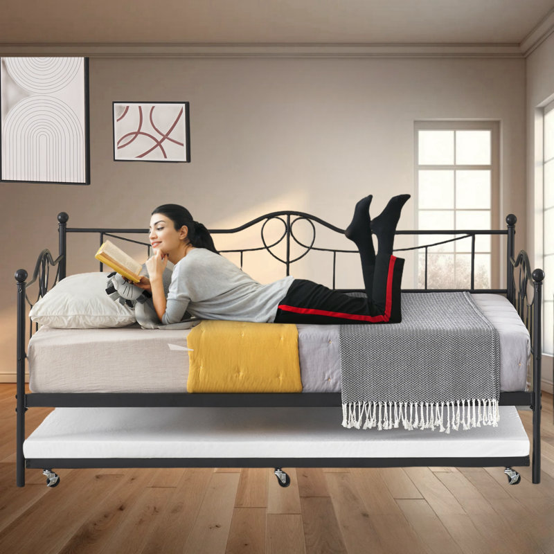 Winston Porter Heart shaped Headboard stylish Black Twin Daybed With Trundle Space saving Metal Sofa Bed For Living Room Guest Room Supports 350 Lbs Easy Assembly Smooth 360 Wheels black Wayfair